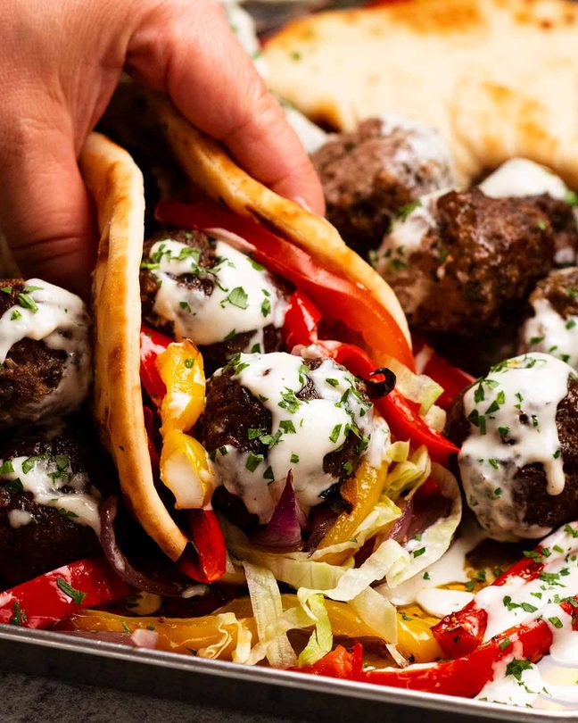 Tray bake dinner: Lamb kofta meatballs - RecipeTin Eats