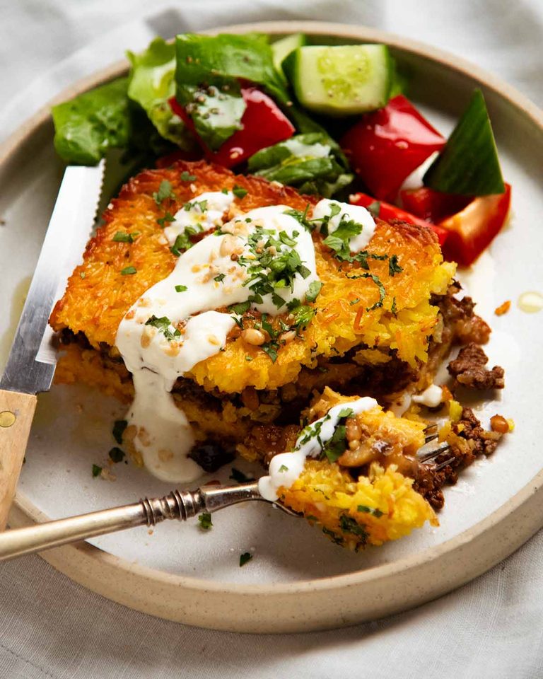 Golden Saffron Rice Bake with Baharat Spiced Meat - RecipeTin Eats
