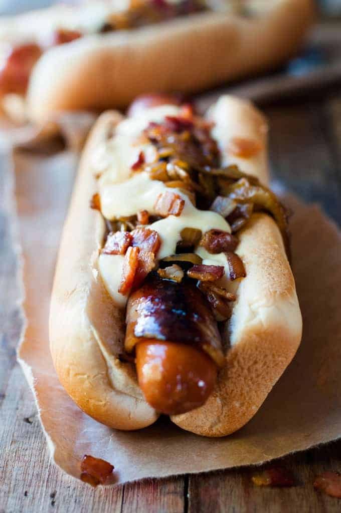 Bacon Wrapped Hot Dogs with Cheese Sauce | RecipeTin Eats