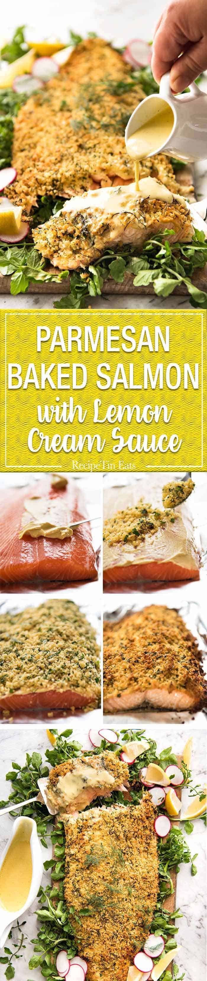 Baked Parmesan Crusted Salmon with Lemon Cream Sauce | RecipeTin Eats