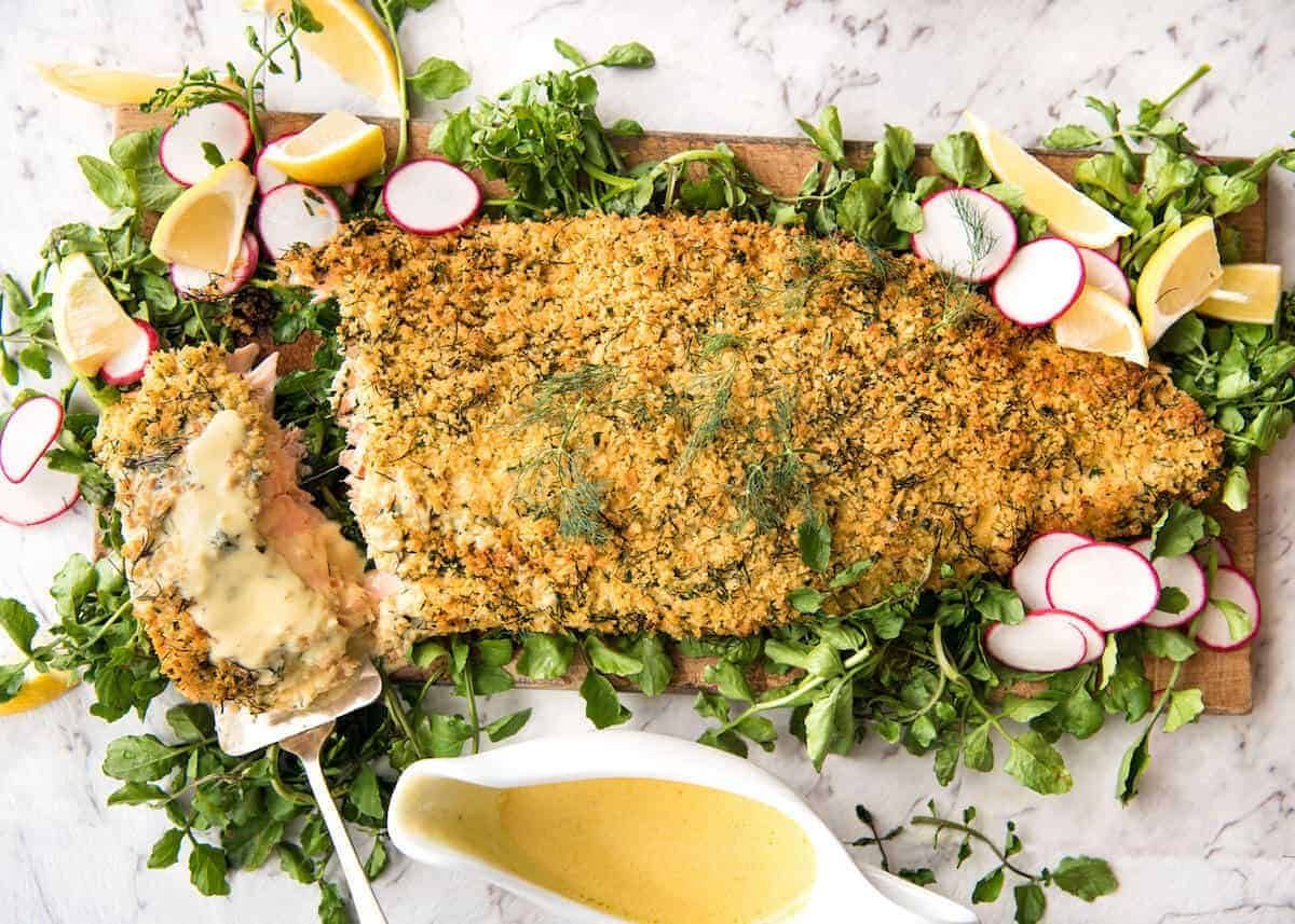 Baked Parmesan Crusted Salmon with Lemon Cream Sauce | RecipeTin Eats