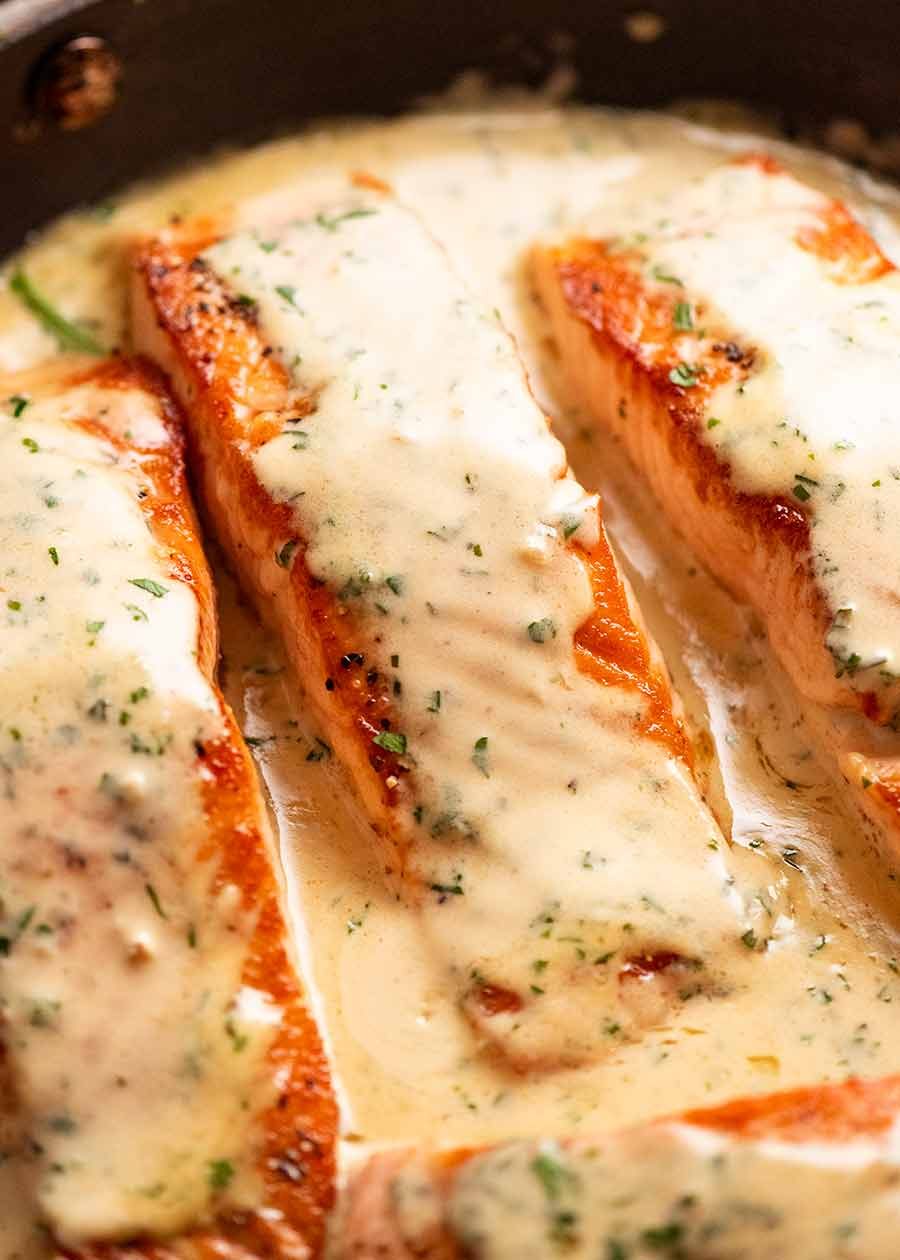 Baked Parmesan Crusted Salmon with Lemon Cream Sauce | RecipeTin Eats