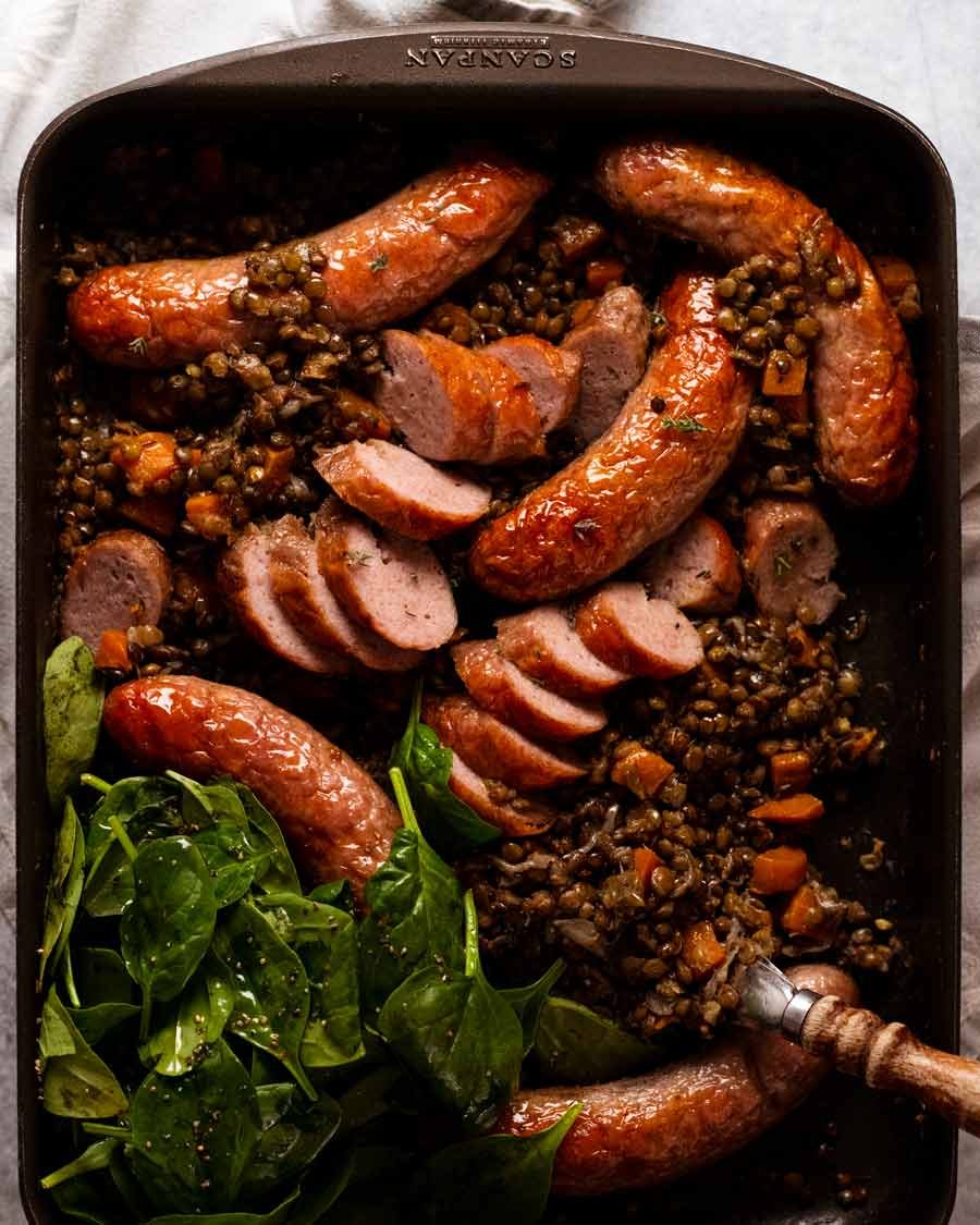 One-pan baked sausage and lentils | RecipeTin Eats